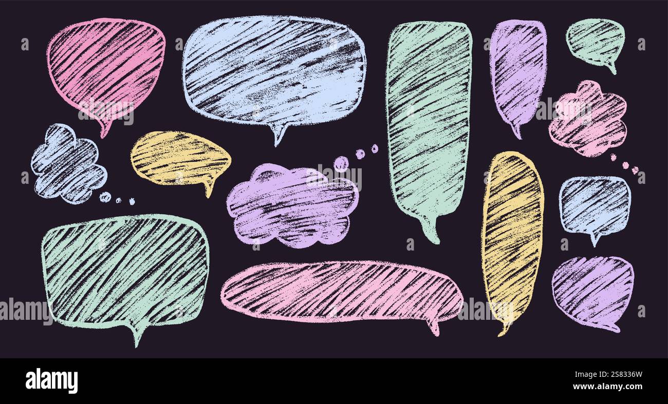 Speech bubbles set. Crayon doodle text clouds. Chat dialog boxes. Comic ...