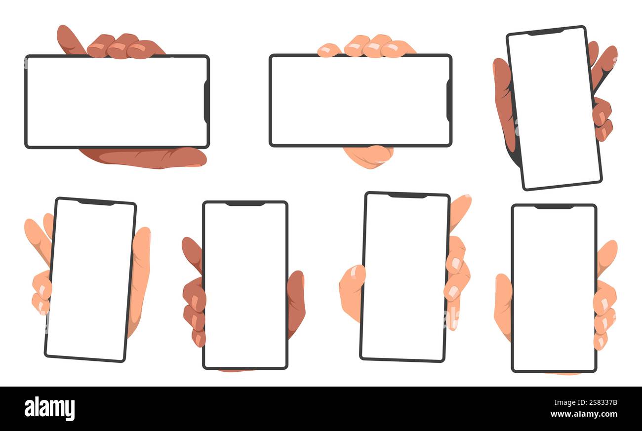 Human hands holding mobile phones with empty blank screens Stock Vector ...
