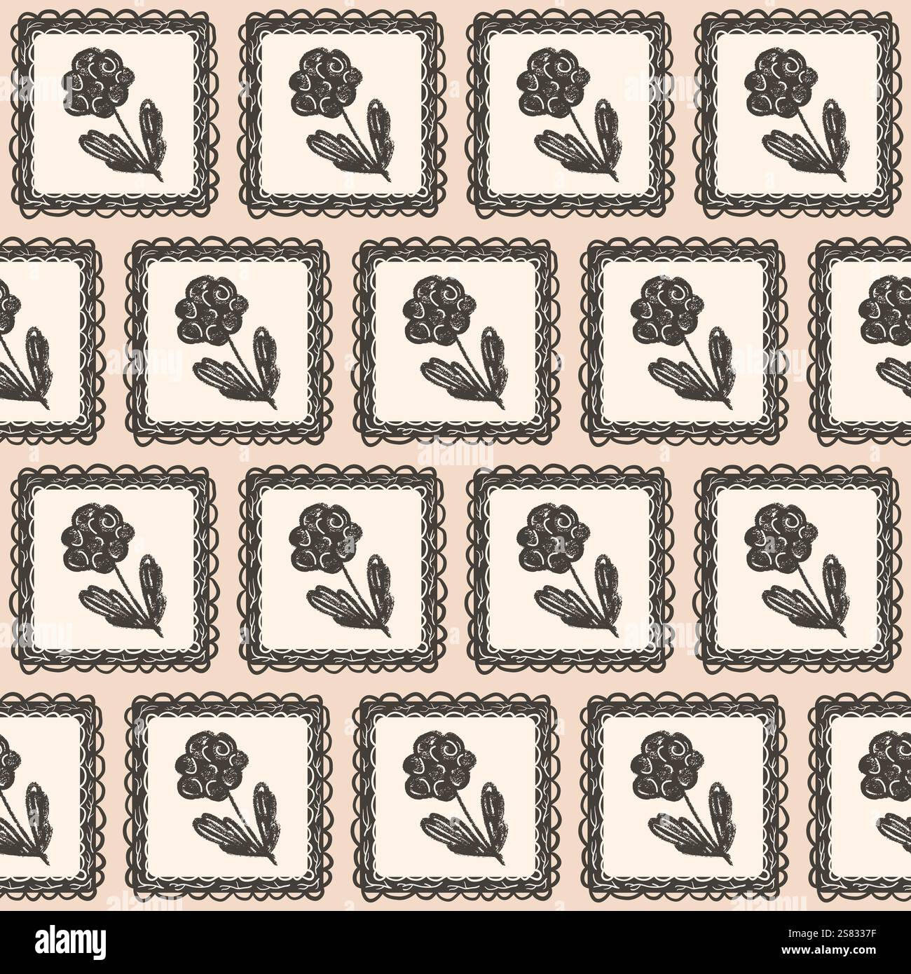 Peony flowers seamless pattern. Linocut floral stencil on vintage ...