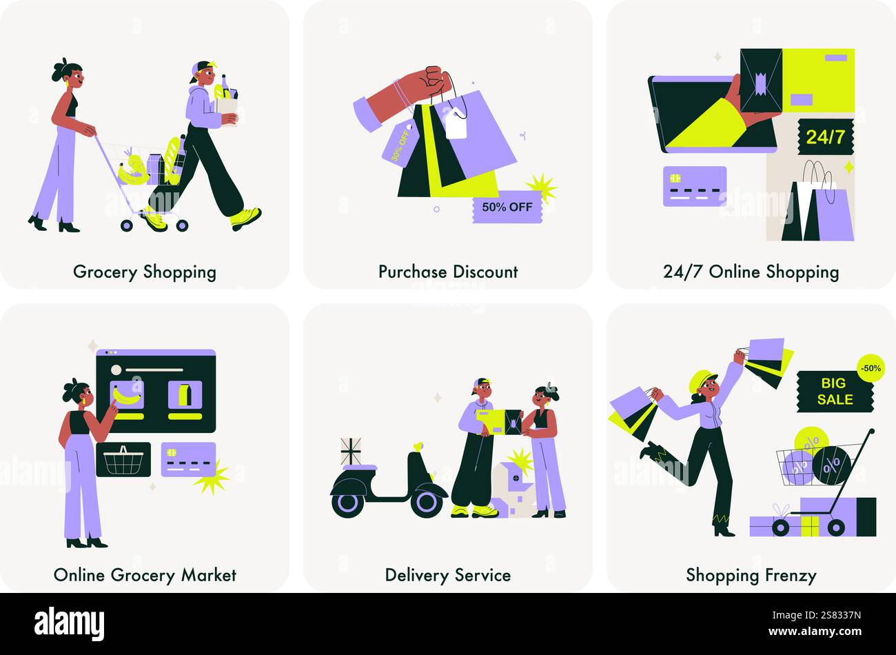 Marketplace illustration set about grocery shopping, purchase discount ...