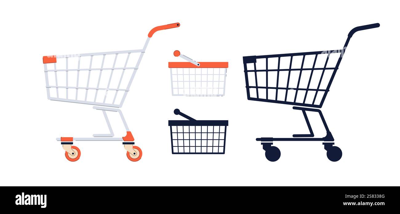 Icons supermarket cart and basket. Plastic shopping container for ...
