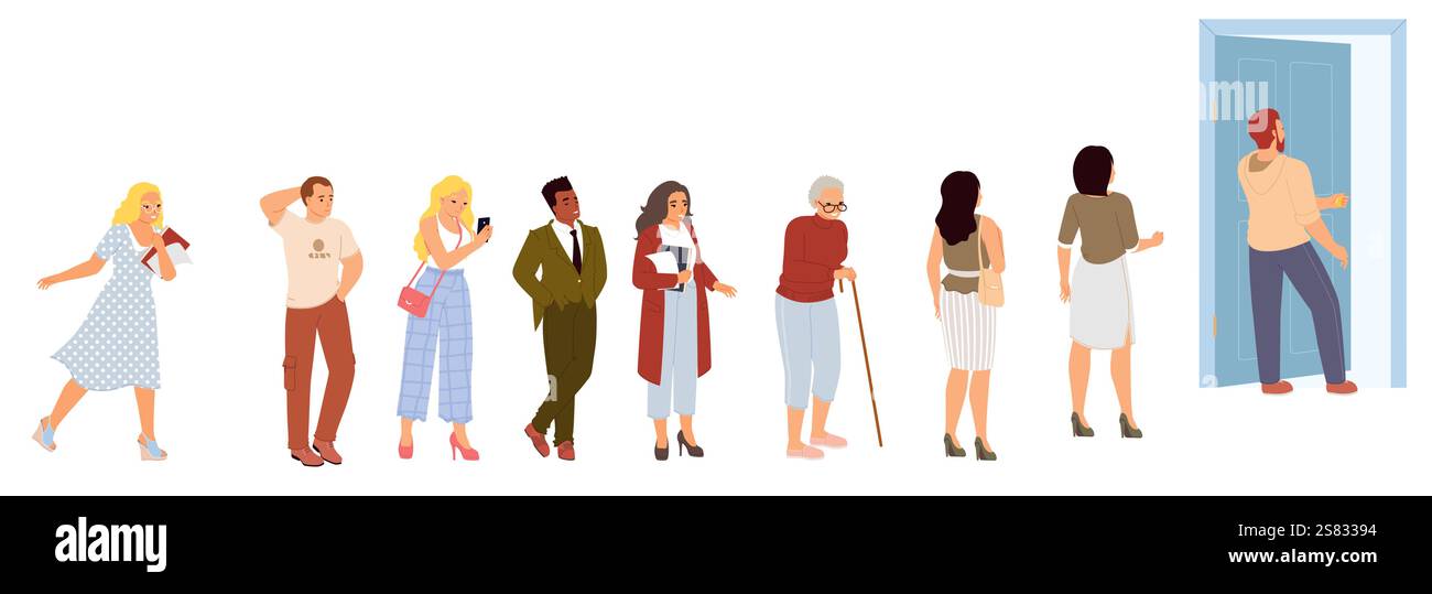 Diverse people of different age crowd standing in queue front of door ... Diverse people of different age crowd standing in queue front of door ...