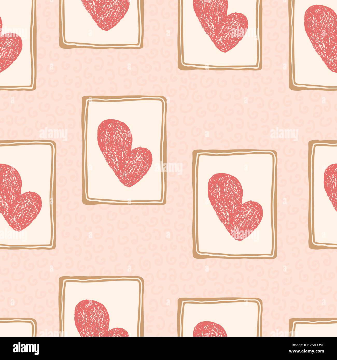 Hearts crayon drawn seamless pattern. Valentines day rectangular frames ...