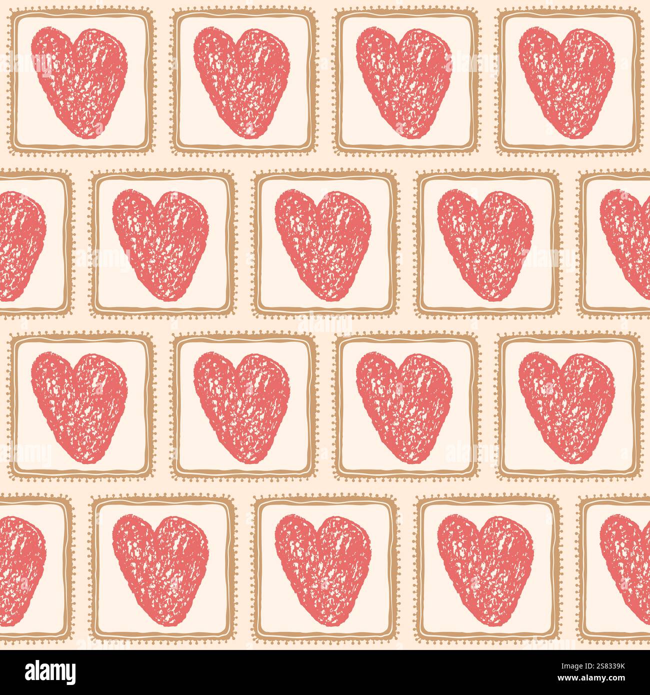 Hearts crayon drawn on square frame seamless pattern. Valentines day ...
