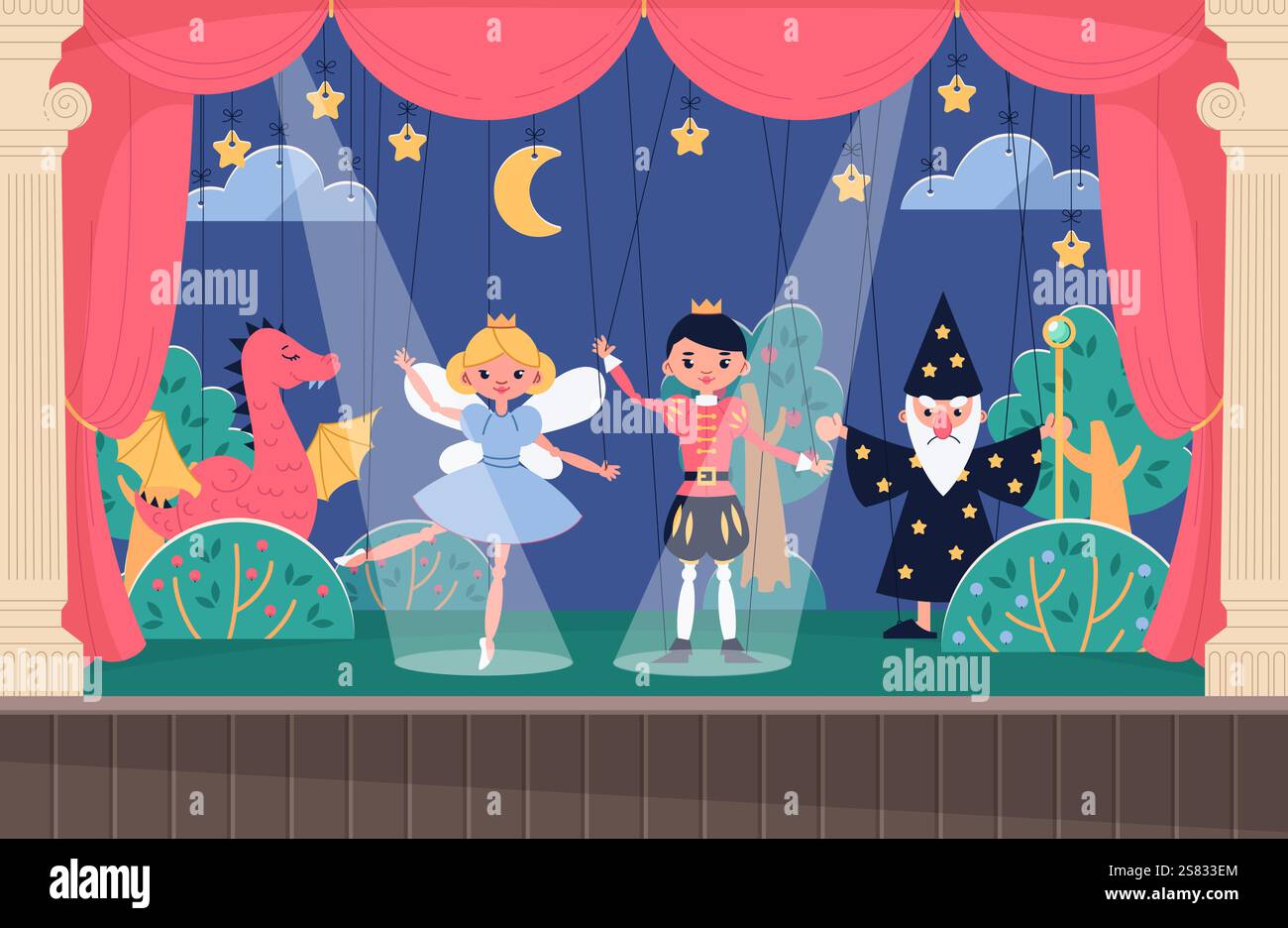 Child puppet theater scene with marionettes. Childish entertainment ...