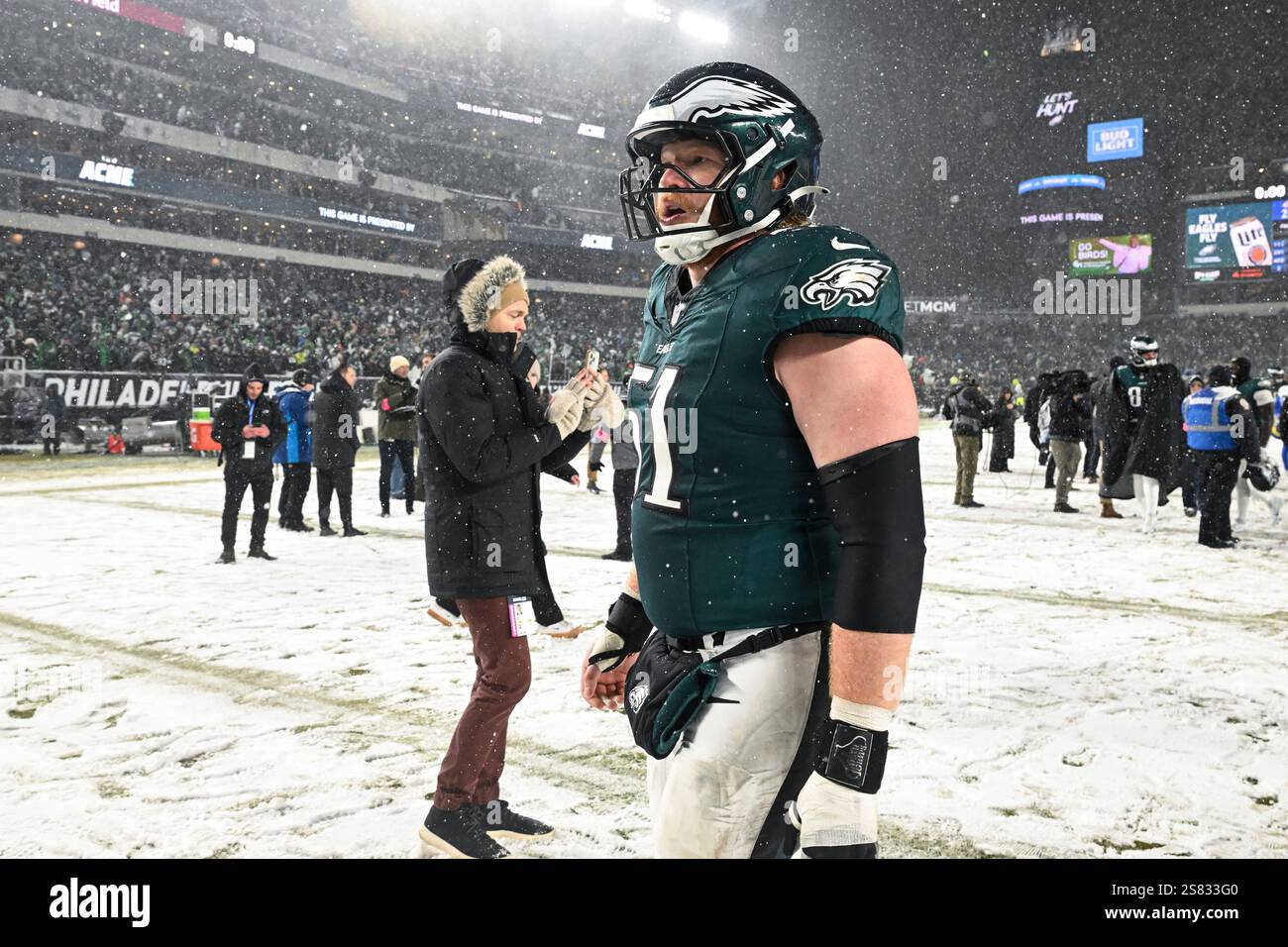 Philadelphia Eagles center Cam Jurgens walks off the field after an NFL ...