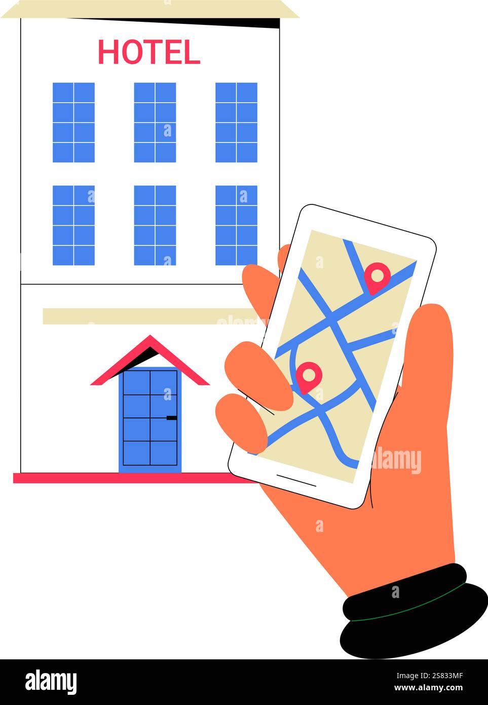 Hotel Building With Map Navigation On Smartphone In Flat Vector ...