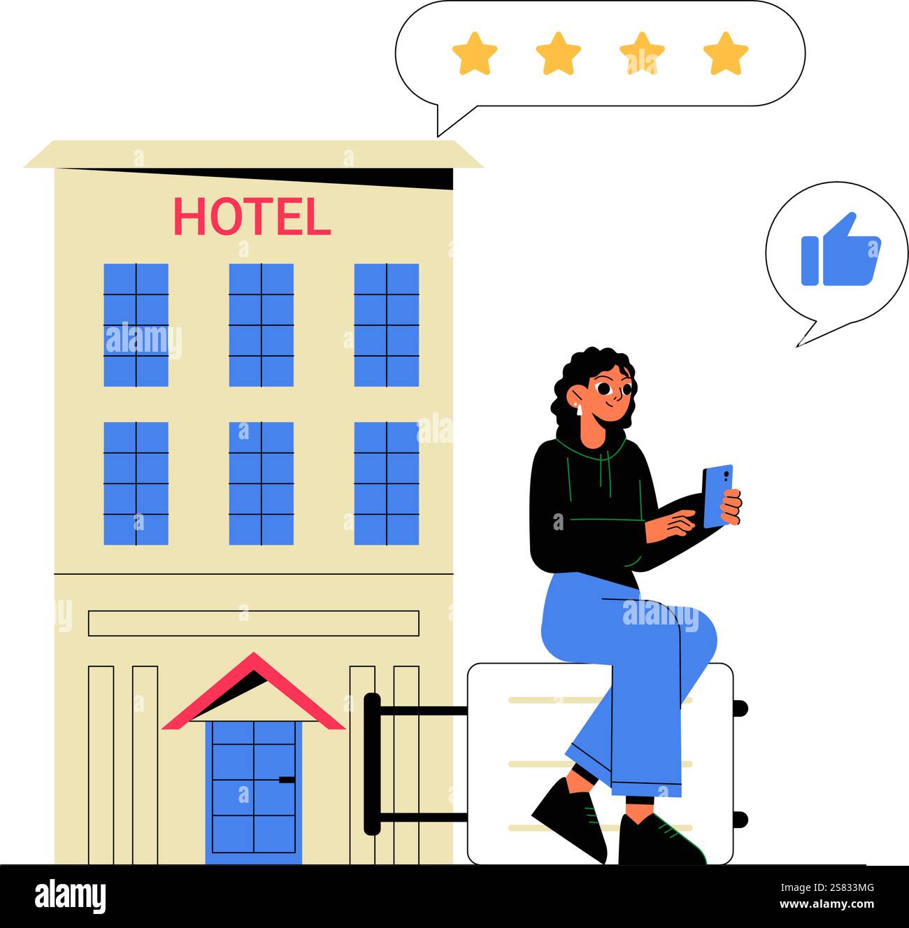 Female Traveler Rating Hotel With Five Stars In Flat Vector ...