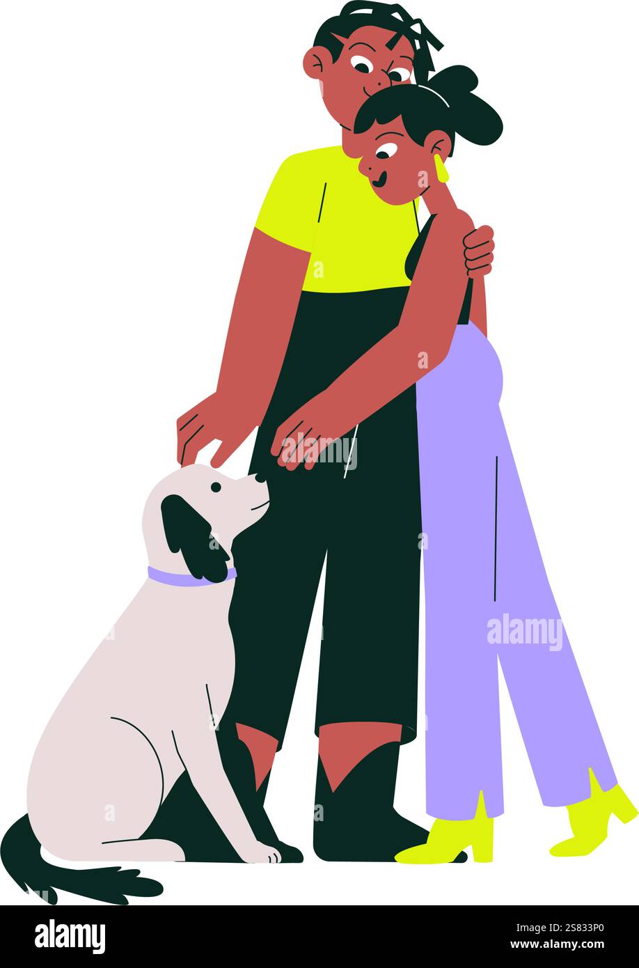 Couple embracing with their dog in flat vector illustration symbolizing ...