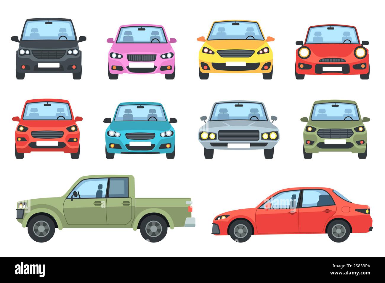 Car set. Front and side view transport, automobile different colors ...