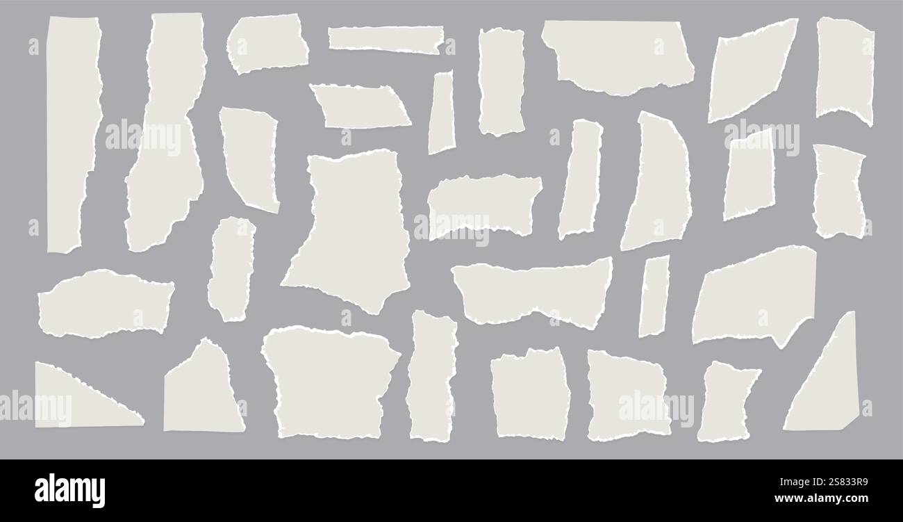 Set of torn white papers. Tear sheet pieces pack. Blanks with uneven ...