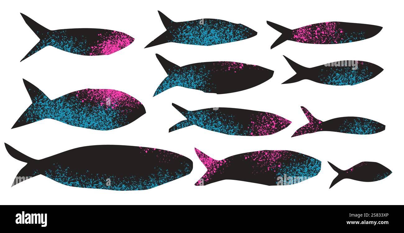 Fish textured set. Sardines school collection. Salmon silhouettes ...
