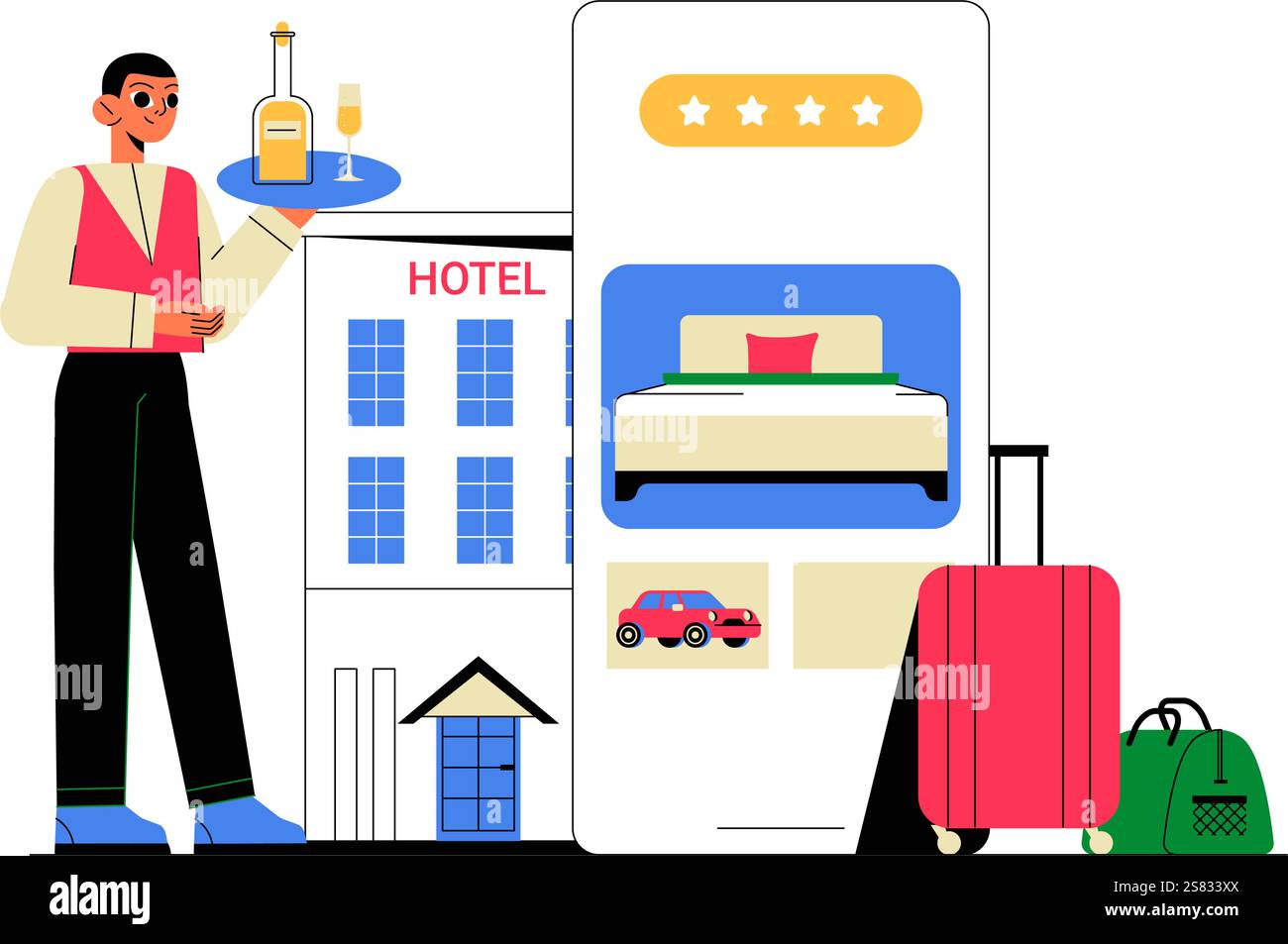 Male Hotel Staff Serving Drinks With Luggage And Mobile App Interface ...