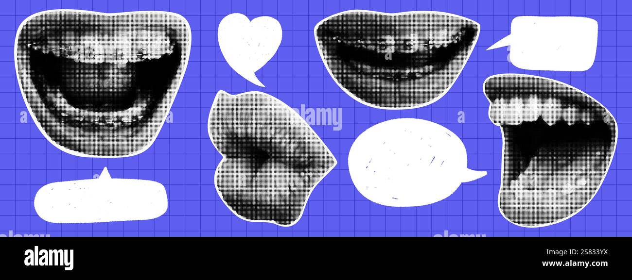 Halftone mouth and lips set with speech bubbles. Y2K style. Modern ...