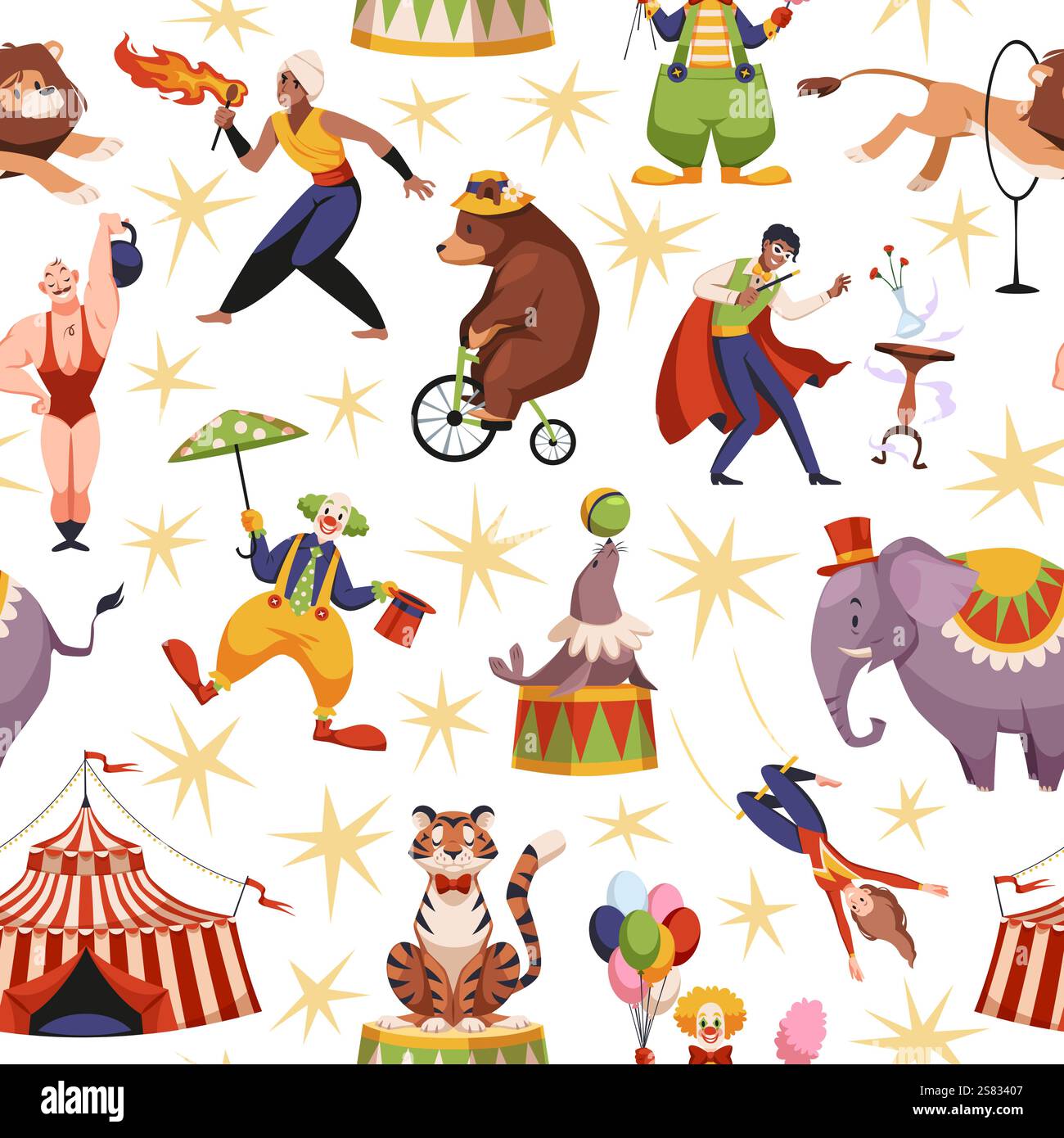 Circus show performers and animals seamless pattern. Chapiteau artists, circus tent, clown ...