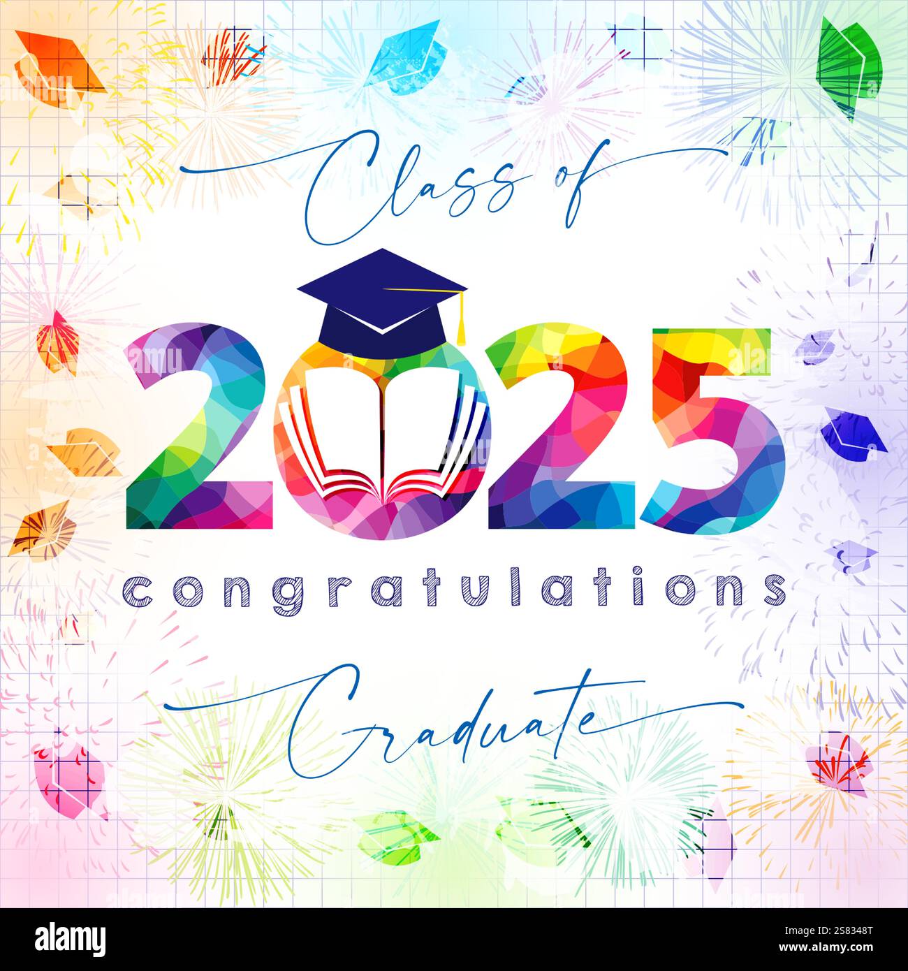 Class of 2025 celebrating graphic template. Checkered notebook backdrop ...