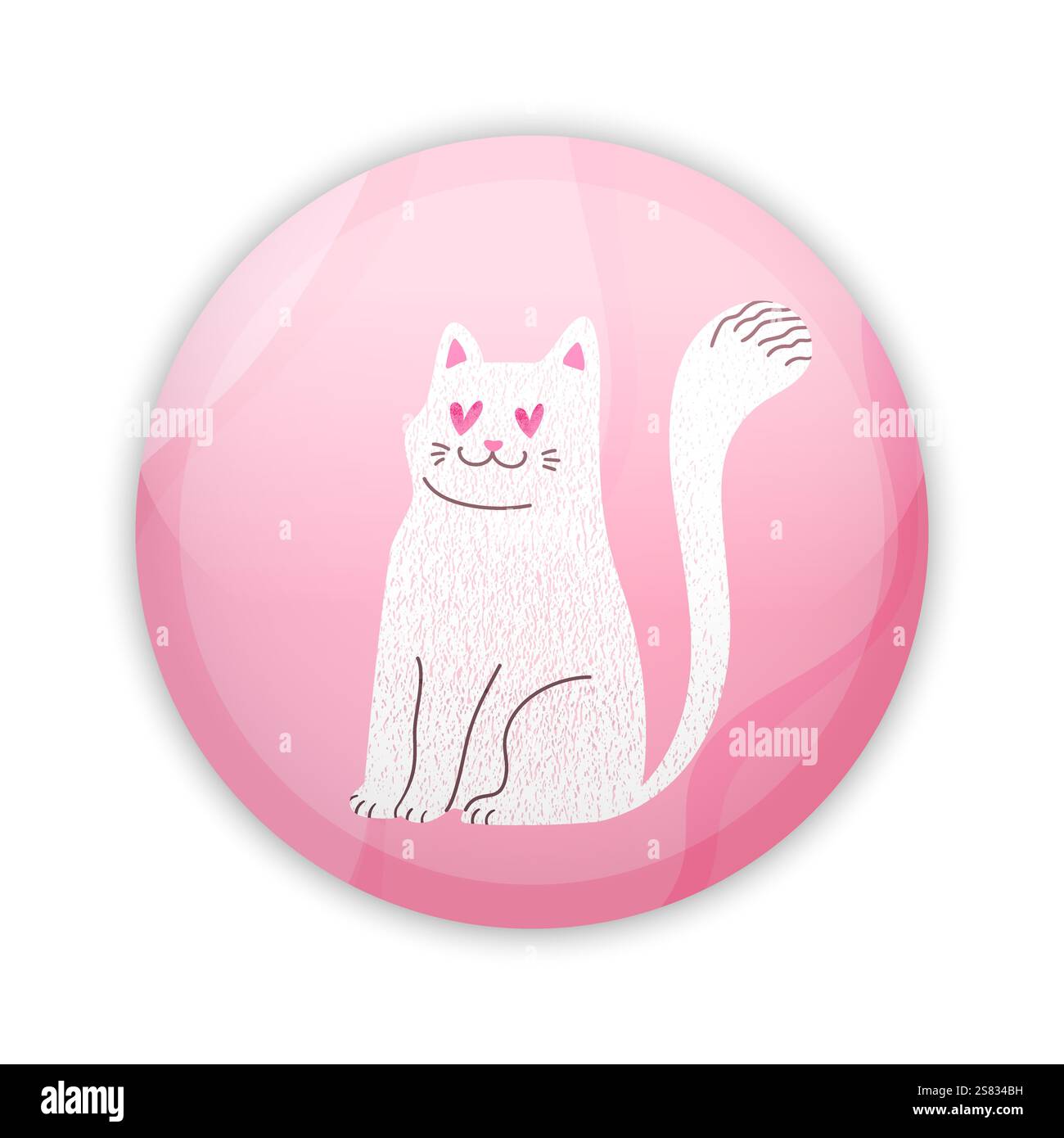 Glossy badge button with cute white cat in love. Round plastic pin ...