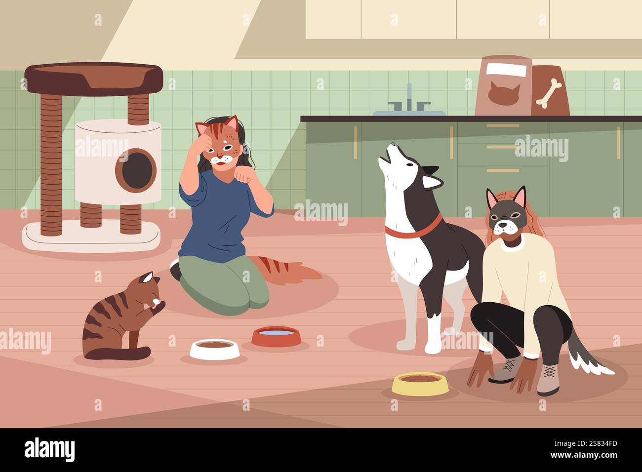Pet and people eats at home. Quadrober games, imitation of animal ...