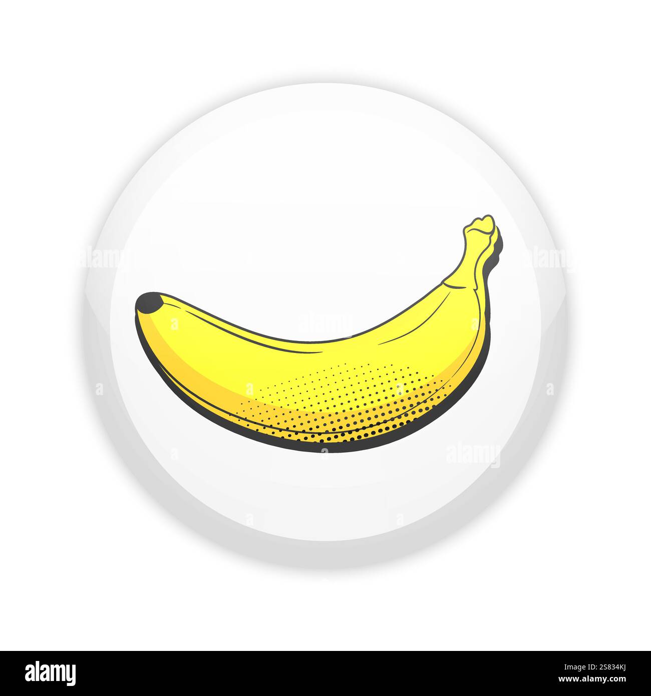 Glossy badge button with pop art banana fruit. Round plastic pin ...