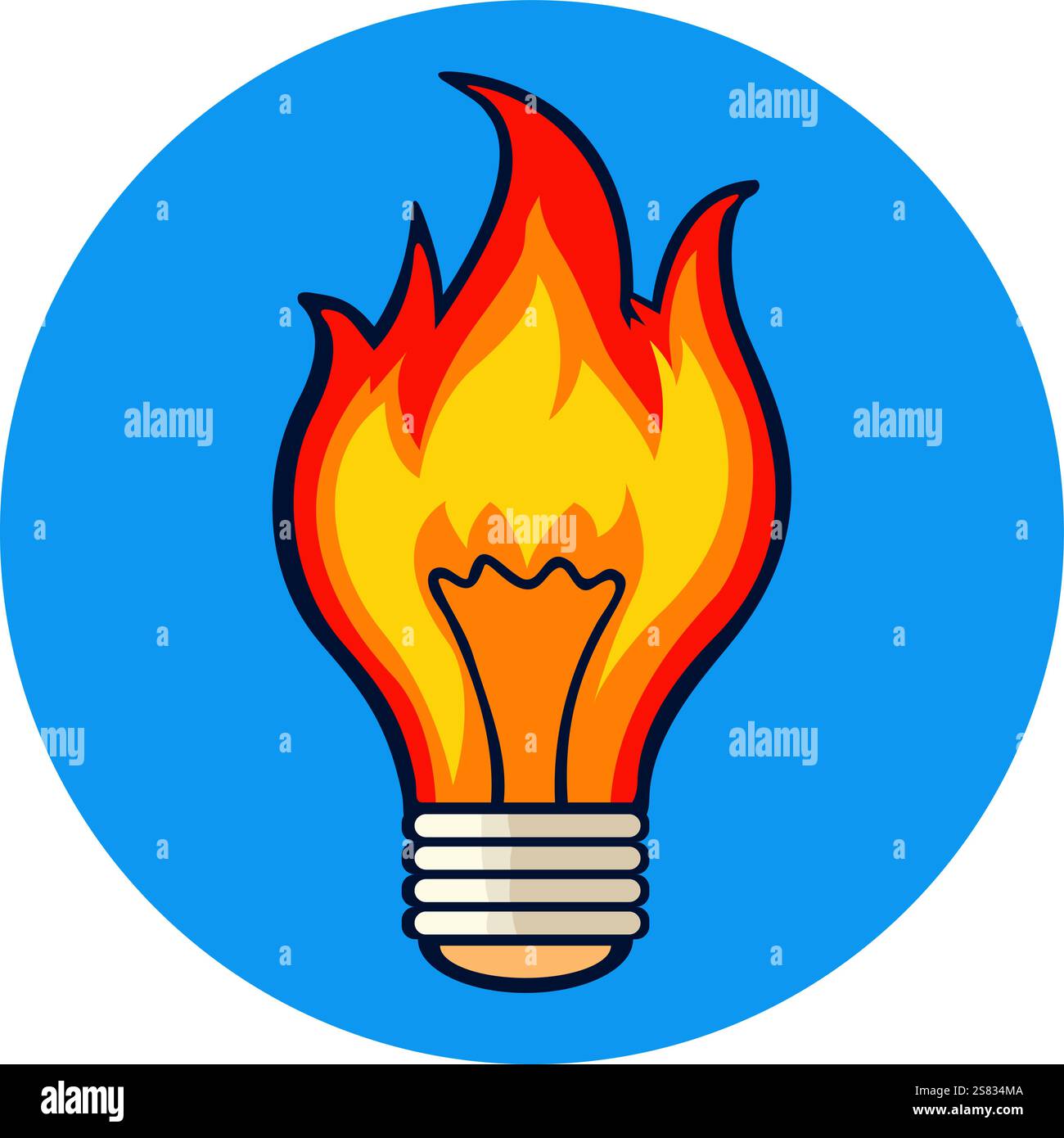 Vector illustration of burning light bulb on round blue background ...