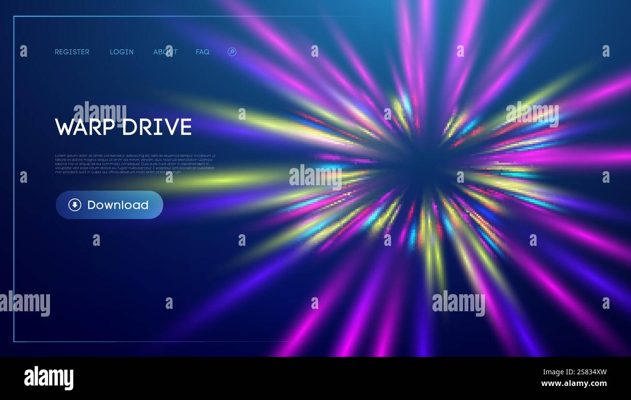Warp tunnel speed of light technology background. Neon light futuristic beams. Warp drive vector ...