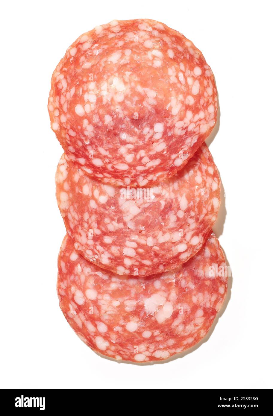 thin slices of smoked salami sausage isolated on white background, top ...