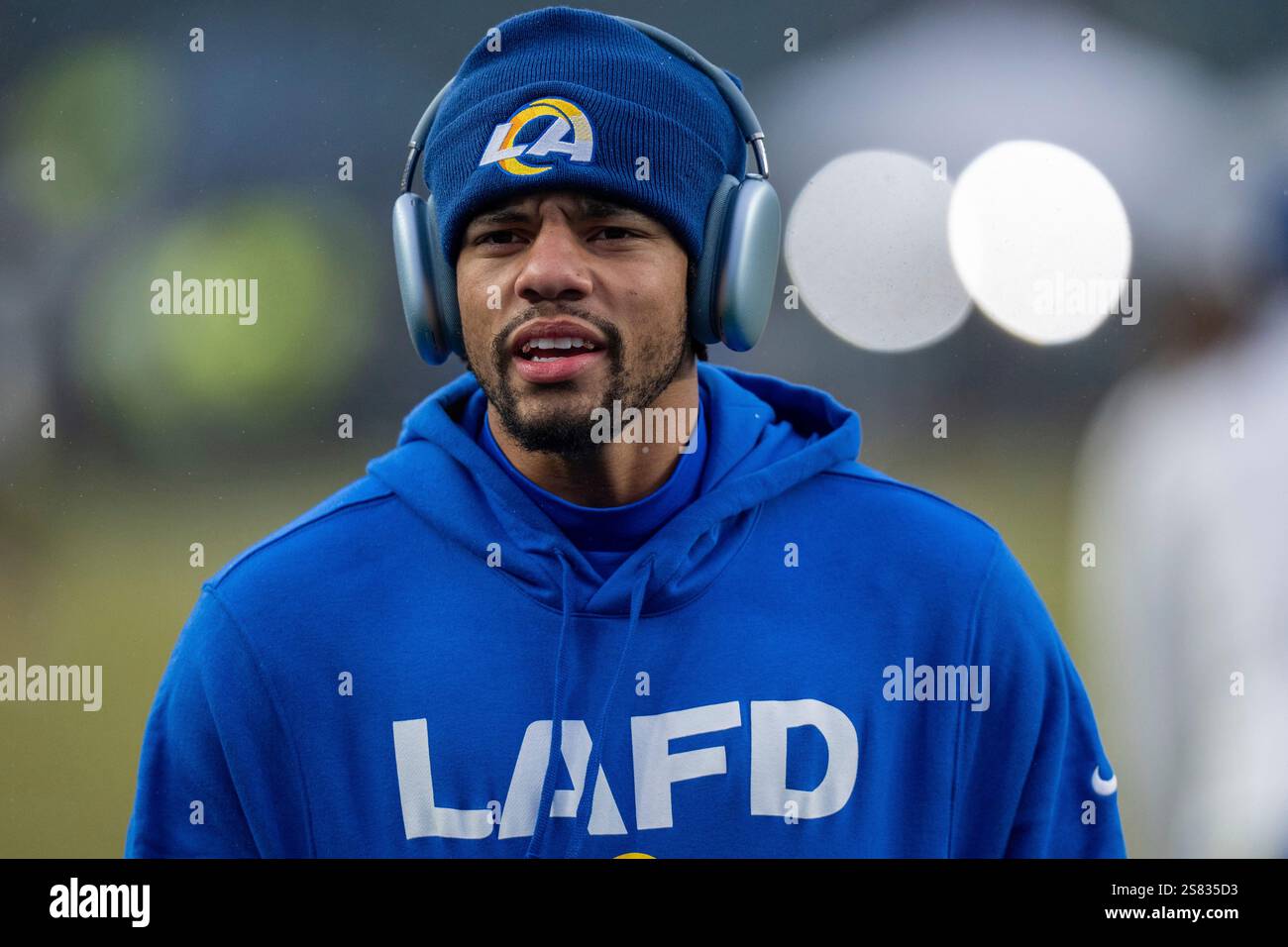 Los Angeles Rams cornerback Cobie Durant (14) looks on during warm-ups ...