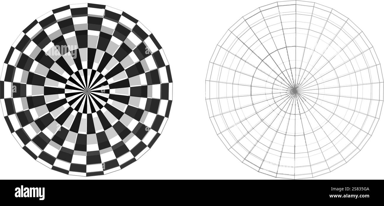 Spheres with checkerboard and wireframe designs optical patterns Stock ...