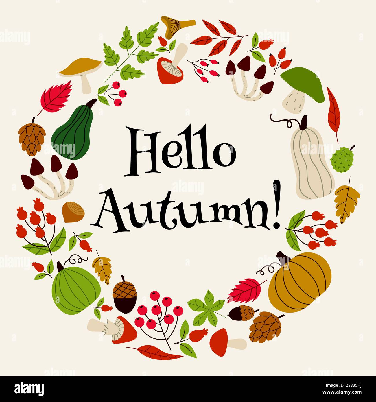 Autumn decorative round frame, template with autumn elements - leaves, pumpkins, cones, nuts ...