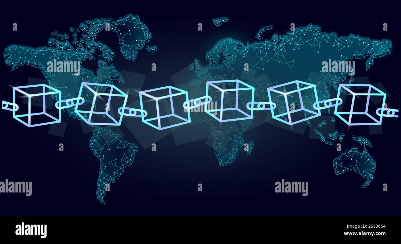 Blockchain cube chain symbol square code. Big data international flow. Blue neon glowing planet ...