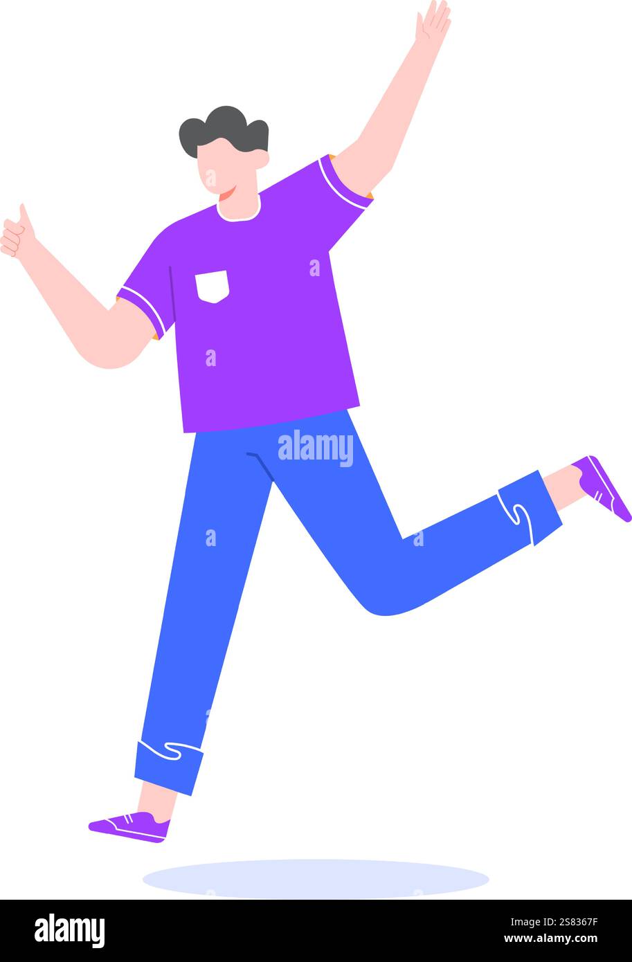 Happy man running, making thumbs up gesture and raising arms ...