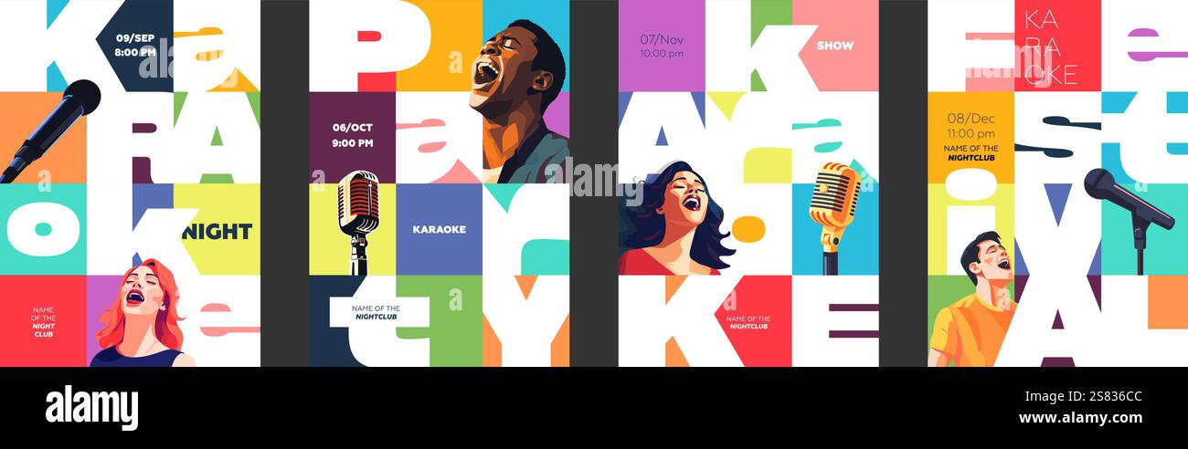 Bold geometric karaoke poster set. Modern brutalist design with ...