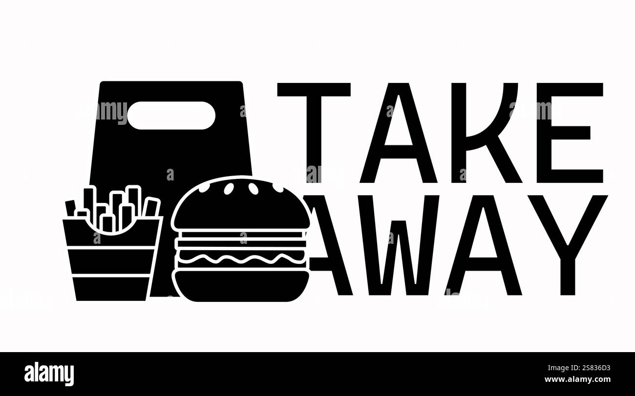 Vector Isolated Illustration of Burger and Fries and a take away bag. Black and White Burger and ...