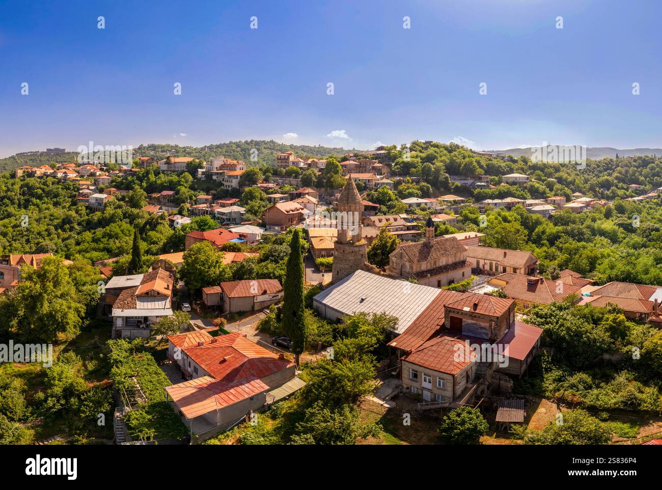 Aerial view on St. George's Church and Alazani valley, Georgia, Kakheti ...