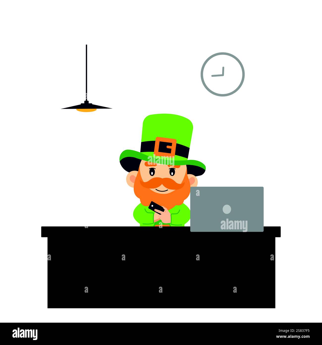 Leprechaun in office with computer, St. Patrick's Day illustration ...