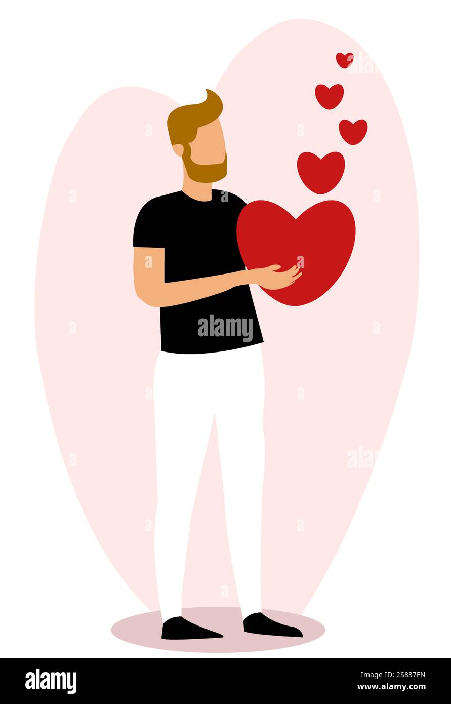 Vector illustration of a man holding a red heart on Valentines Day with ...