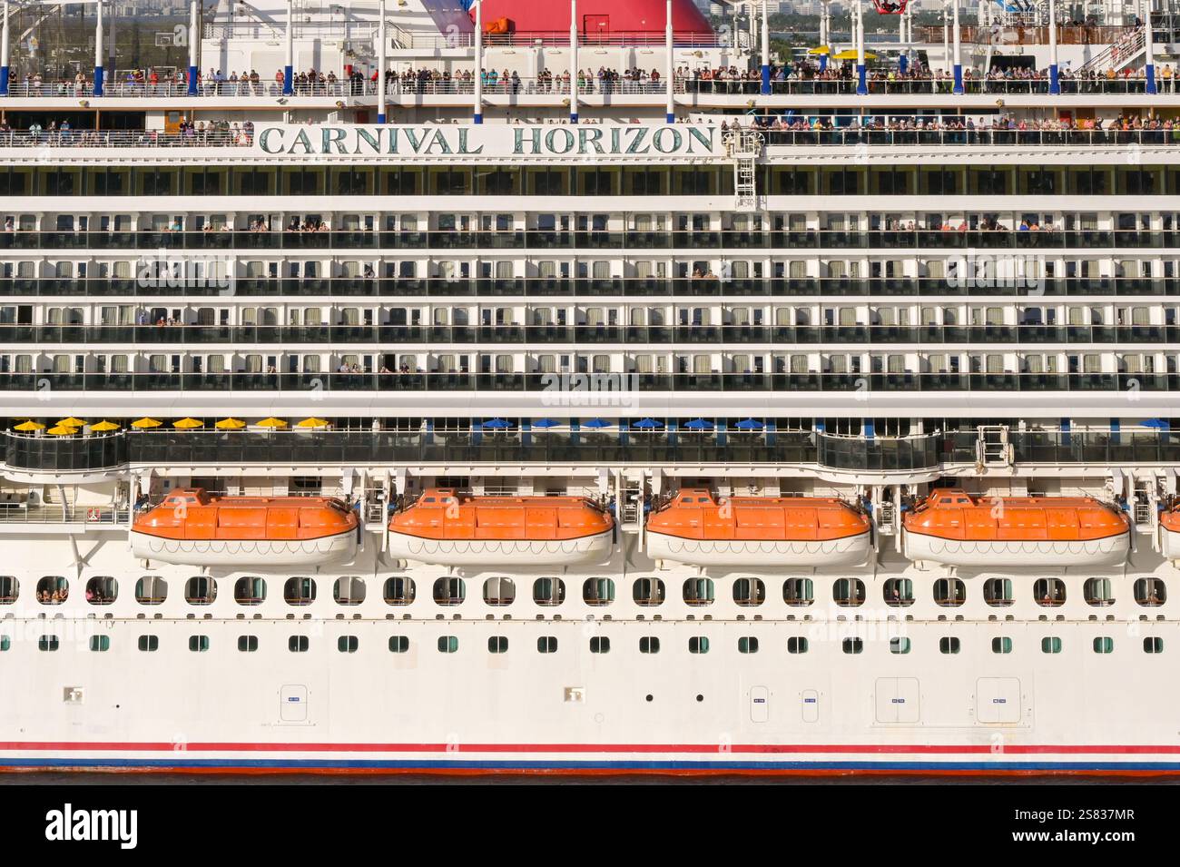 Miami, Florida, USA - 4 January 2025: Lifeboats and balcony cabins on ...