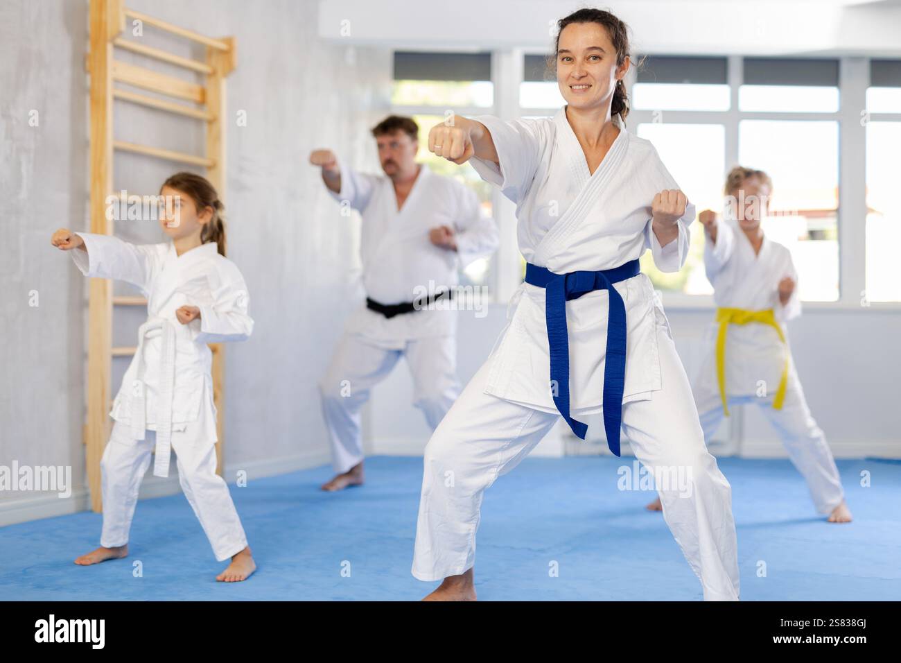 Family with children training karate techniques Stock Photo - Alamy