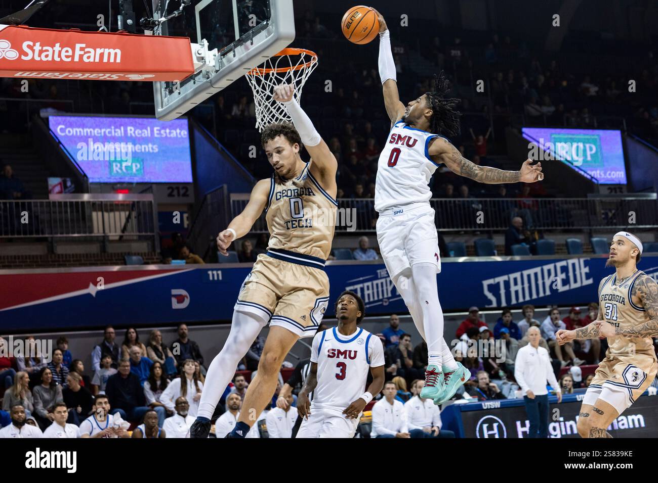 DALLAS, TX - JANUARY 11: SMU Mustangs guard B.J. Edwards (#0) flies ...