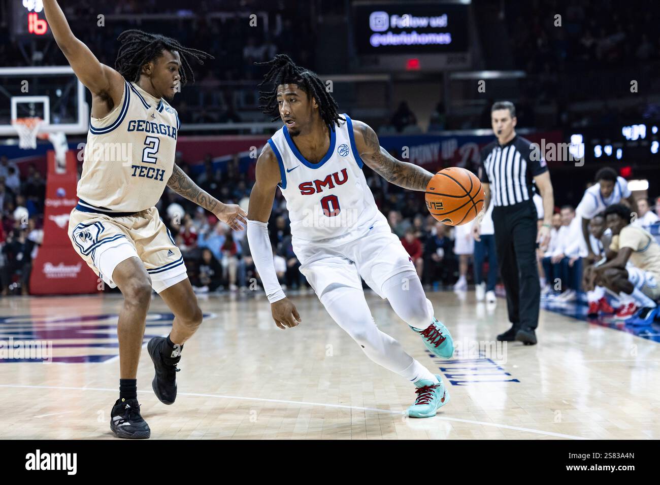 DALLAS, TX - JANUARY 11: SMU Mustangs guard B.J. Edwards (#0) dribbles ...