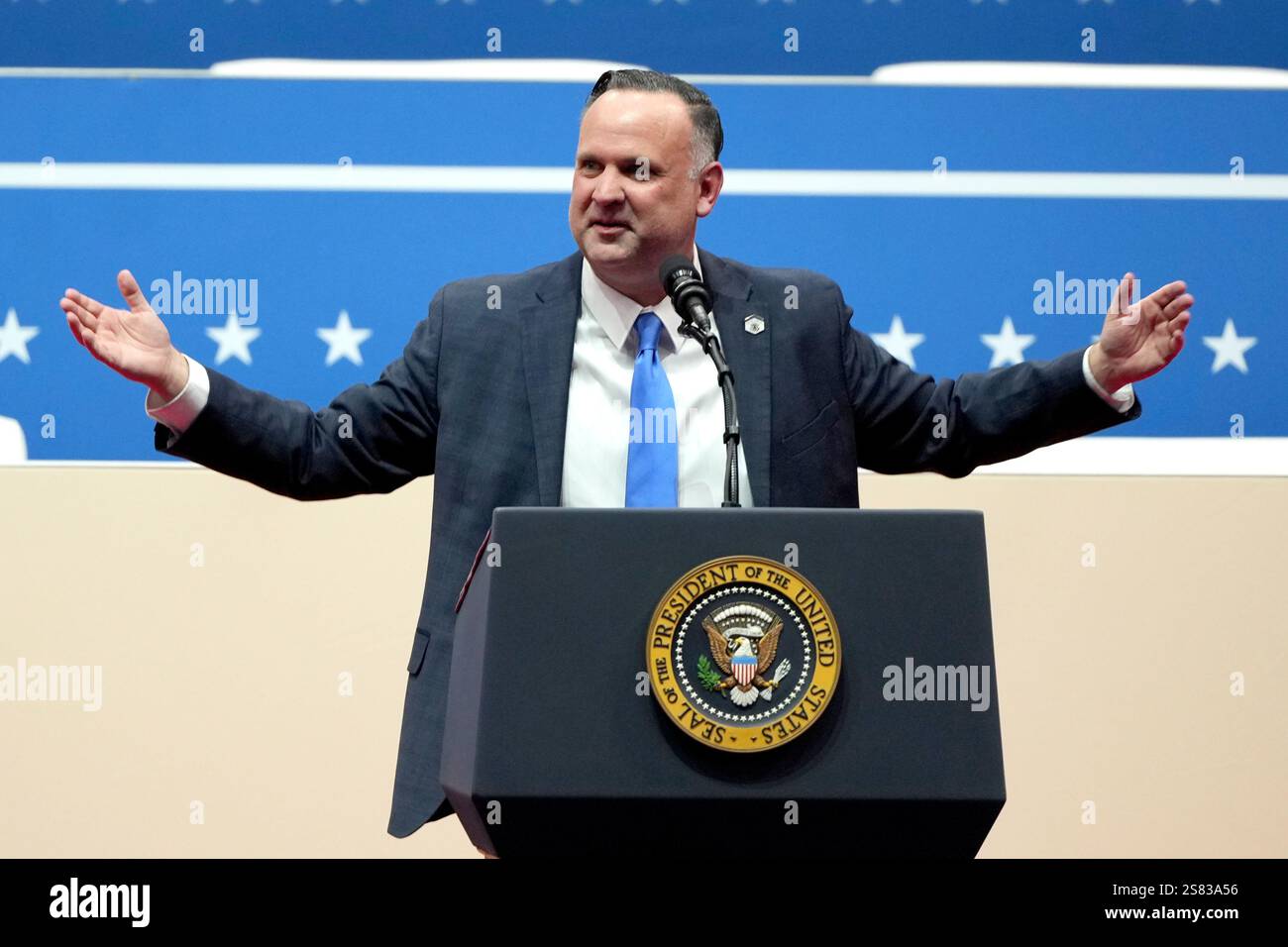 Dan Scavino speaks at an Inauguration parade in Washington, Monday, Jan ...