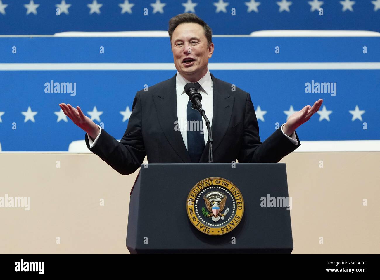FILE - Elon Musk speaks at an indoor Presidential Inauguration parade ...