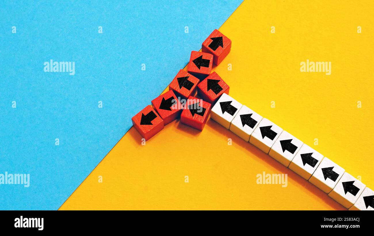 A line of arrows breaking apart. Symbol of disruption and challenges ...