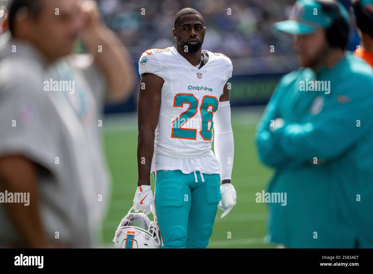 Miami Dolphins dfensive back Marcus Maye is pictured on the sideline ...
