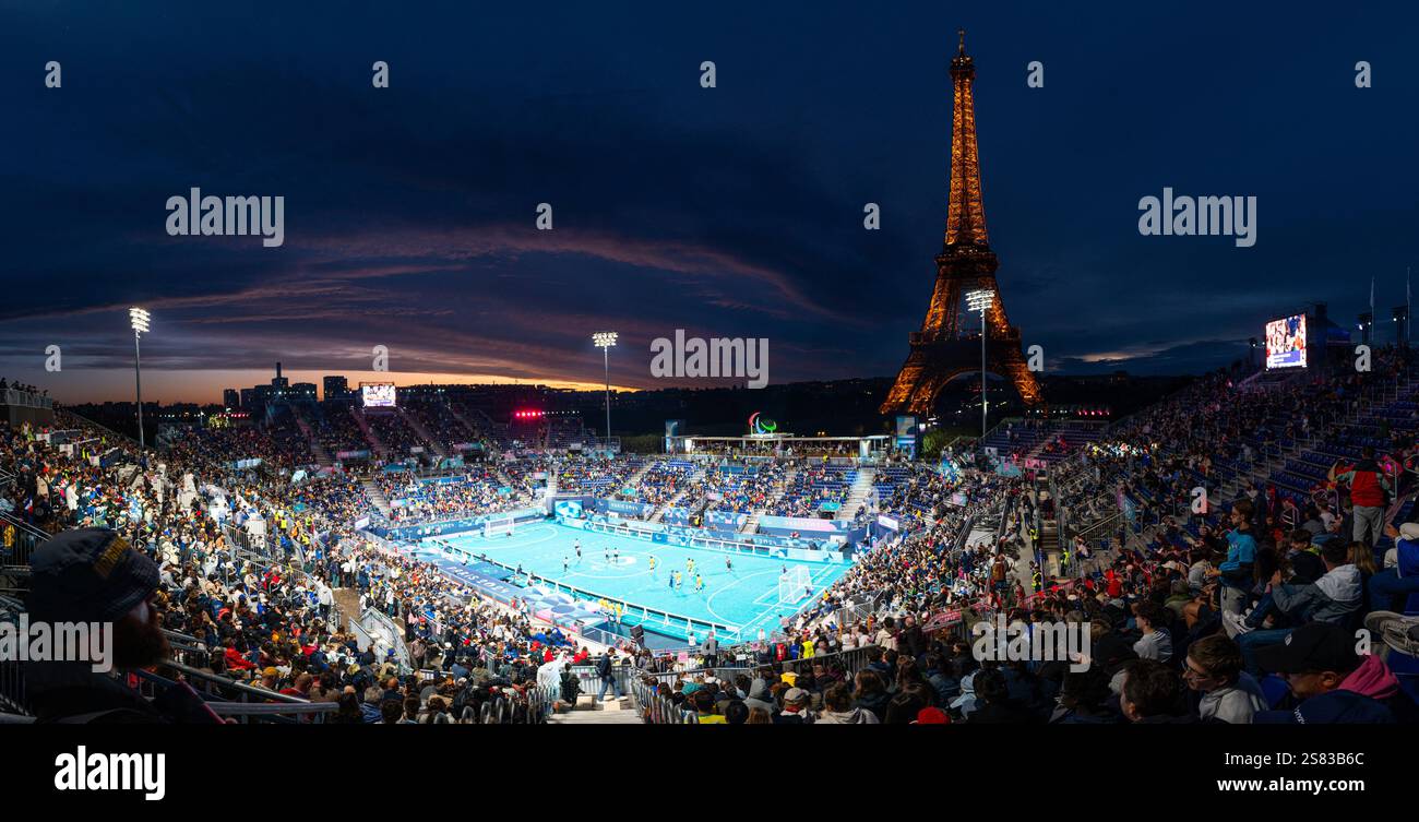 Blind football game at the Eiffel Tower at sunset, Paris 2024 ...