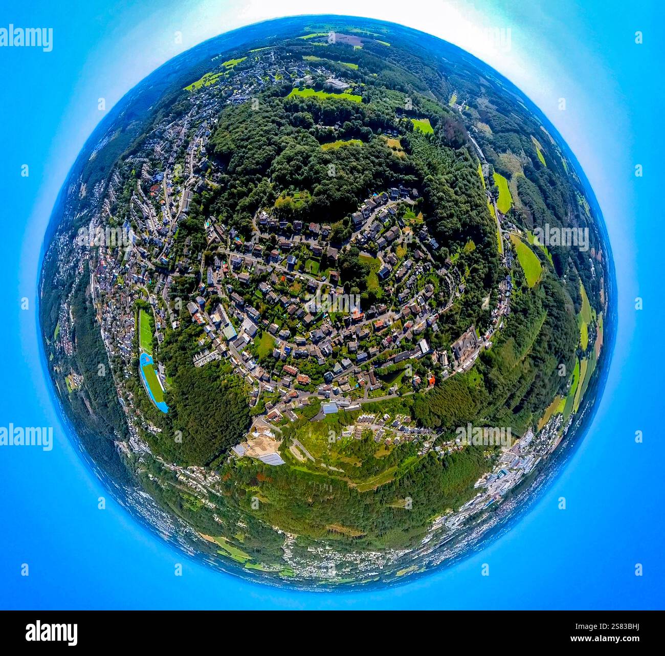 Aerial view, housing estate Waldsiedlung Brunnenstraße, earth globe, fisheye image, 360 degree ...
