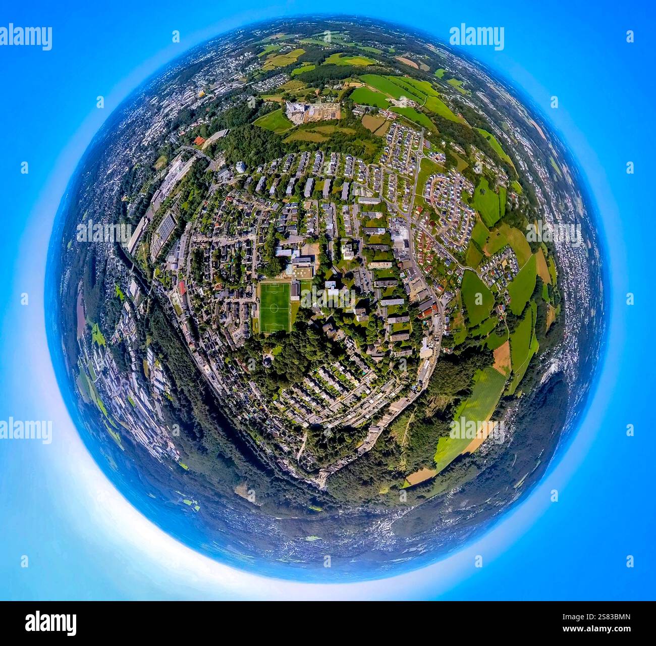 Aerial view, residential area district Büttenberg, elementary school ...