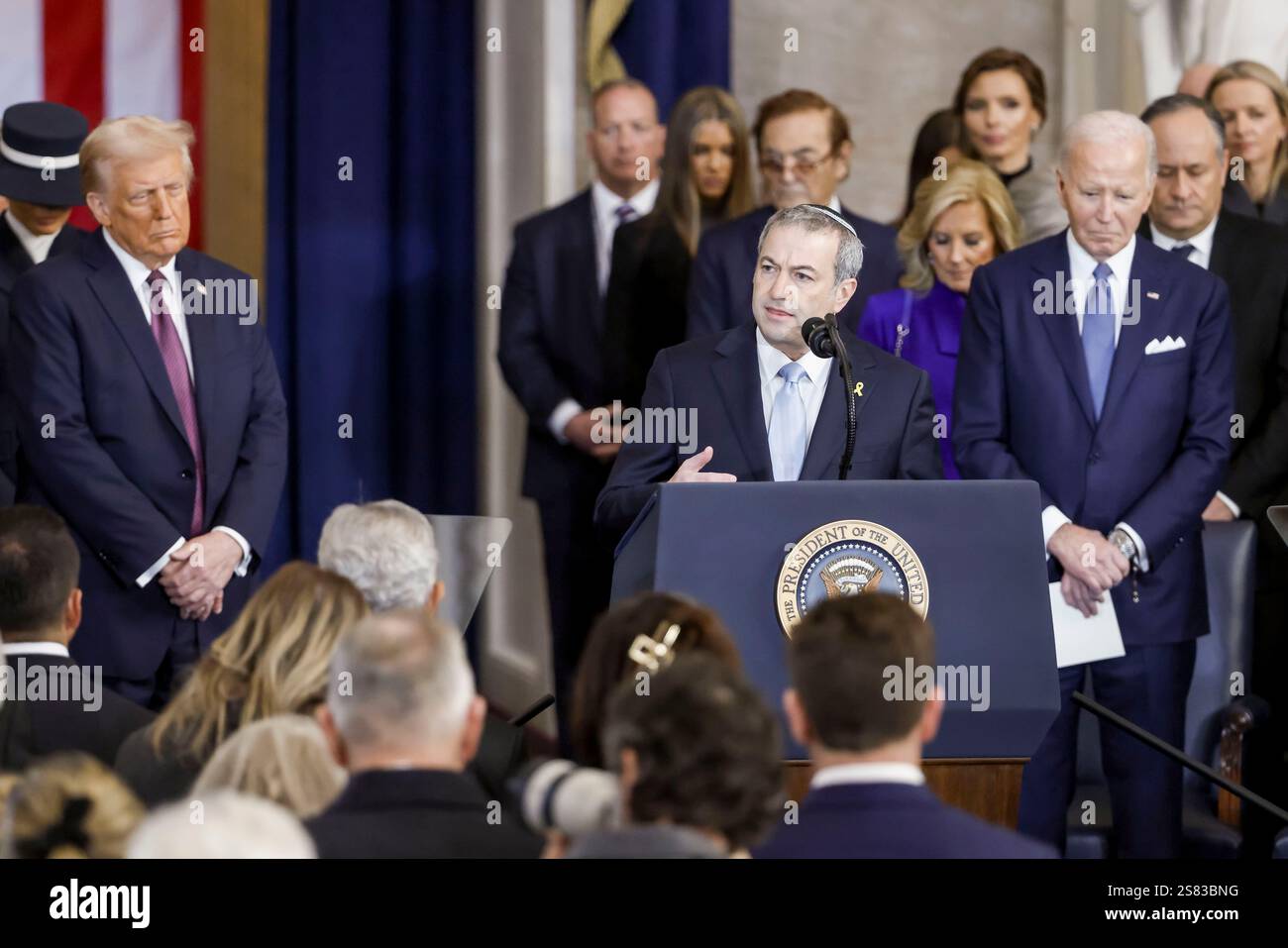 Rabbi Dr. Ari Berman (C), president of Yeshiva University, delivers a ...
