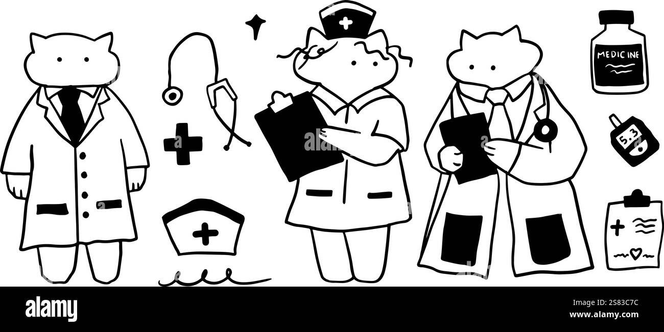 Medic Cat: Healthcare-Inspired Cute Line Art Stock Vector Image & Art ...