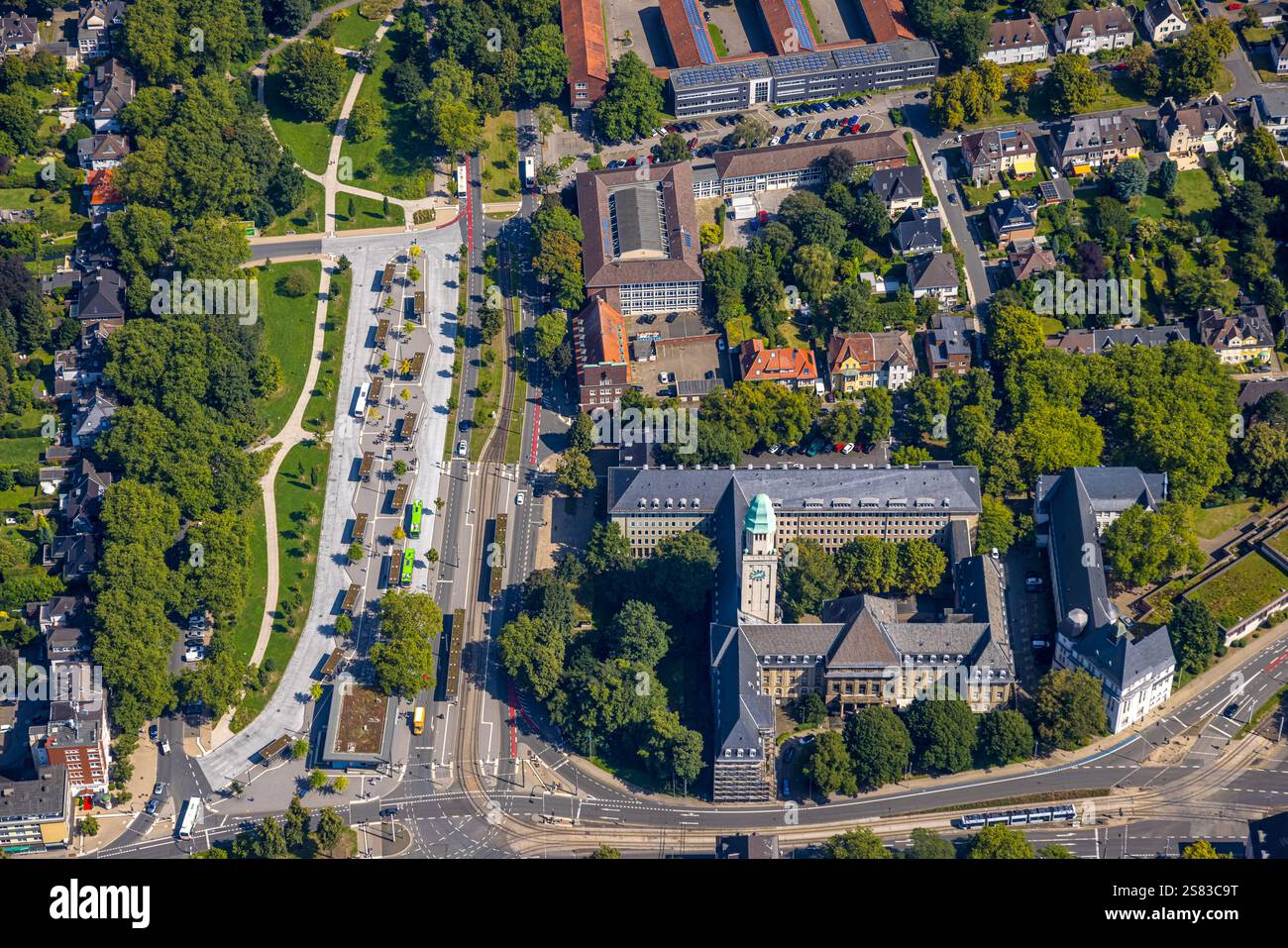Aerial view, buses and passengers at ZOB bus station Buer, town hall ...